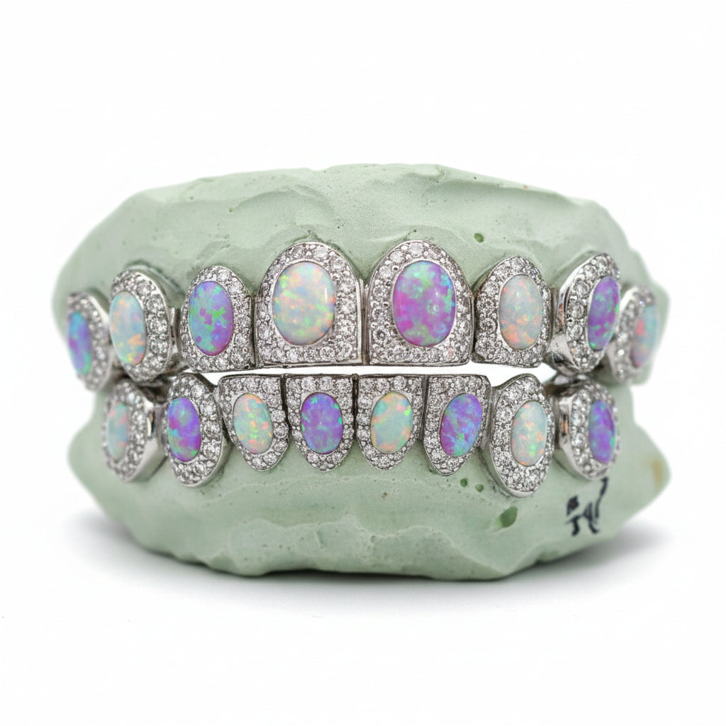 Opal With Natural Diamond Set Grillz